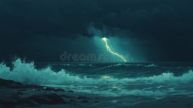 A Single Lightning Strike Illuminates a Dark, Stormy Sea Stock ...