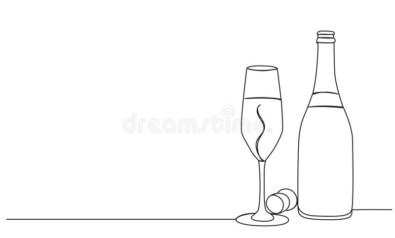 Single Line Drawing of Bottle of Sparkling Wine and Champagne Glass ...