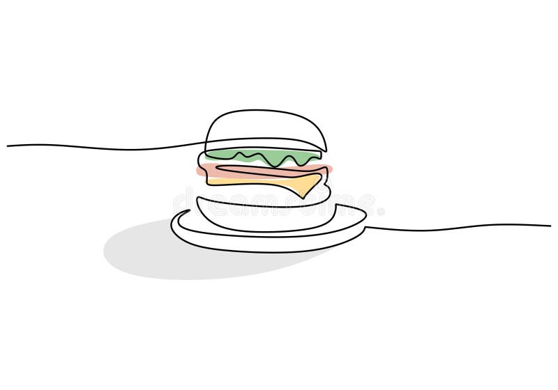 Single Line Drawing of Cheeseburger. Fast Food Hamburger for Cafe Menu ...