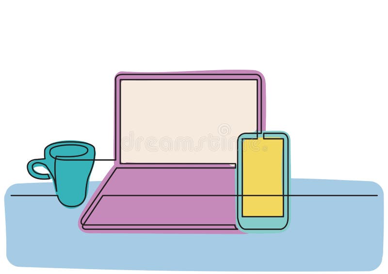 Continuous Line Drawing of Laptop Computer Mobile Phone Stock Vector ...