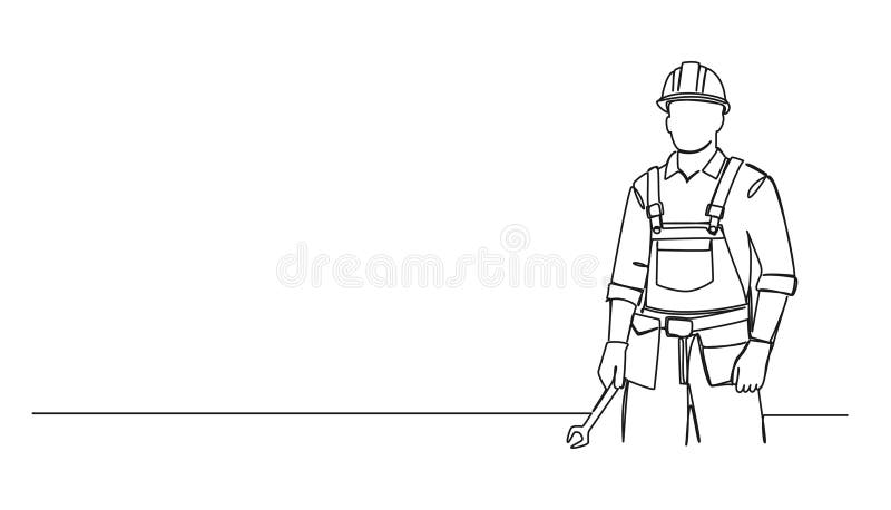 Single Line Drawing of Construction Worker Wearing Hard Hat and Holding ...