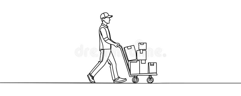 Single Line Drawing of a Courier with a Cardboard Box with a Trolley ...