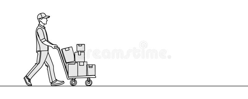 Single Line Drawing of a Courier with a Cardboard Box with a Trolley ...