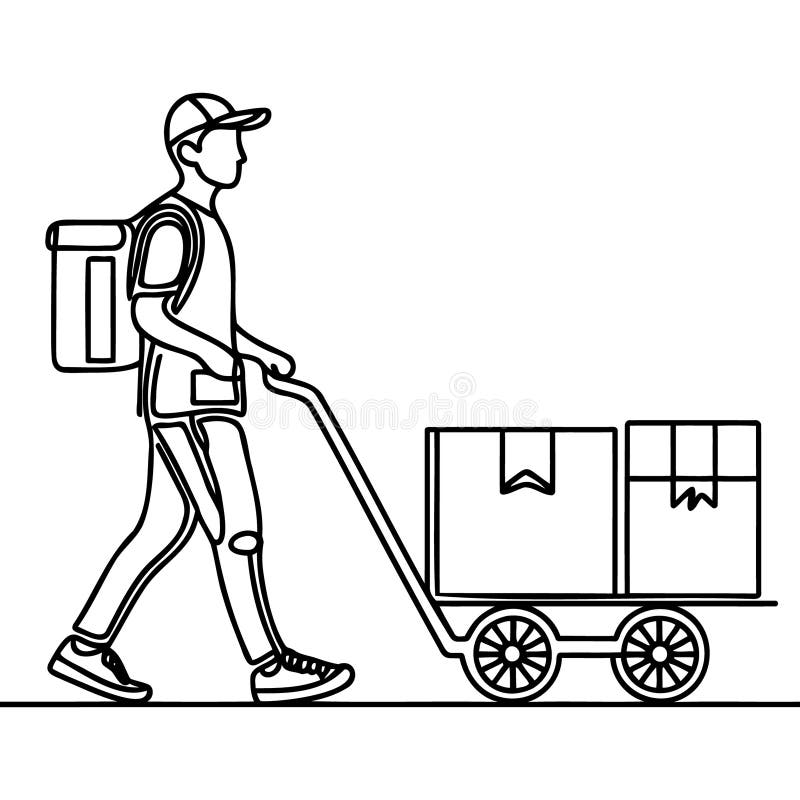 Single Line Drawing of a Courier with a Cardboard Box with a Trolley ...