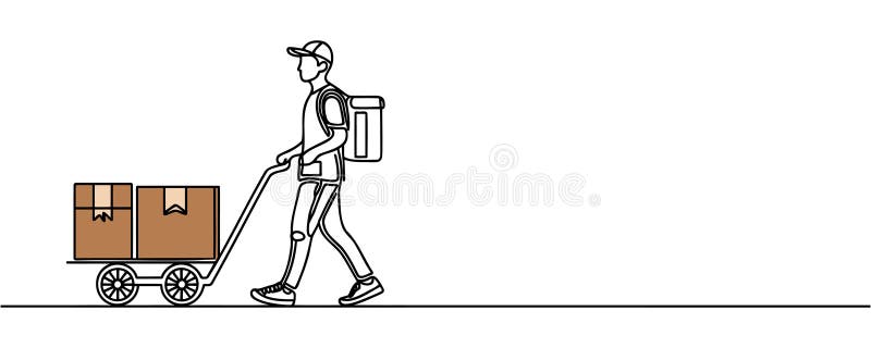 Single Line Drawing of a Courier with a Cardboard Box with a Trolley ...