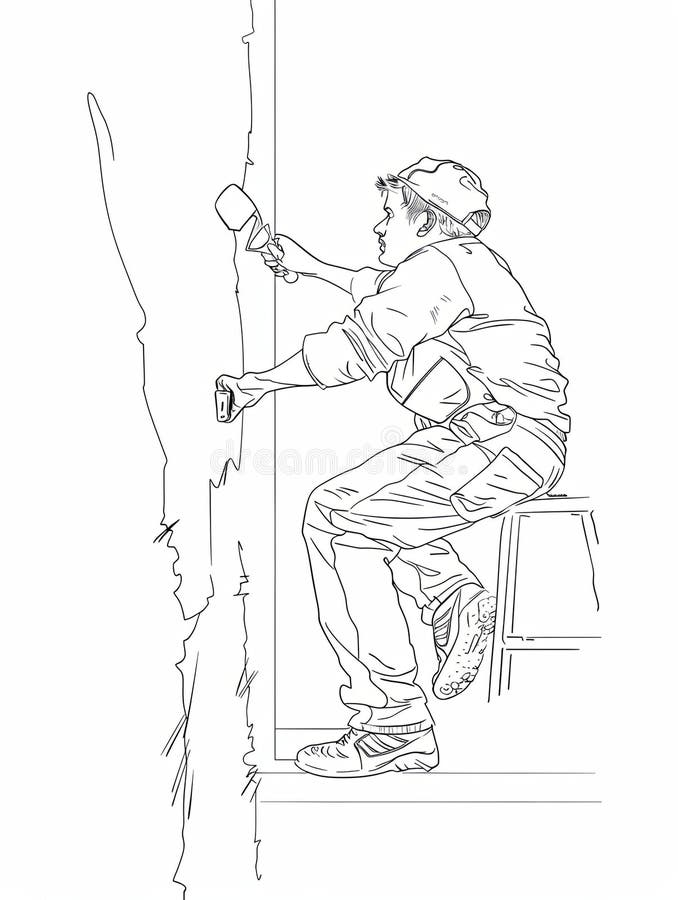 A Single Line Drawing Depicts a Painter, Seated on a Stool, Decorating ...