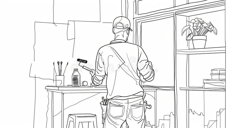 A Single Line Drawing Depicts a Painter Working on a Home Renovation ...