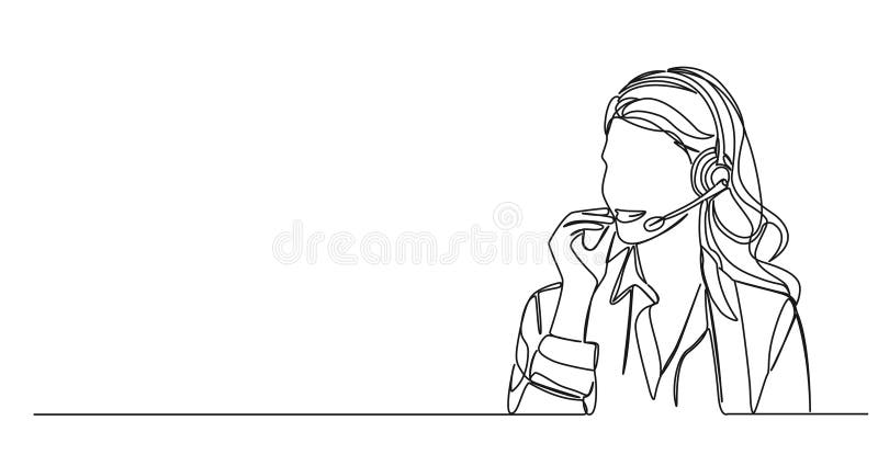 Single Line Drawing of Female Call Center Agent with Headset during ...