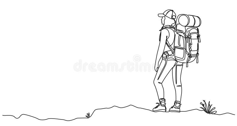 Single Line Drawing of Female Hiker with Backpack Stock Illustration ...