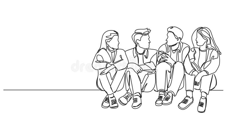Single Line Drawing of Group of Young People Sitting on Ground Talking ...