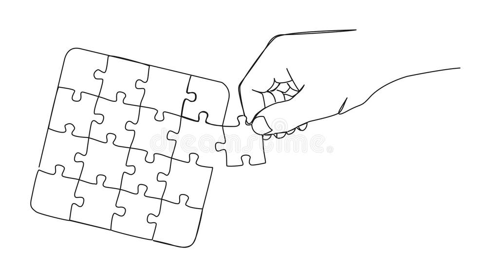 Single Line Drawing of Hand Adding Last Missing Puzzle Piece To Jigsaw ...
