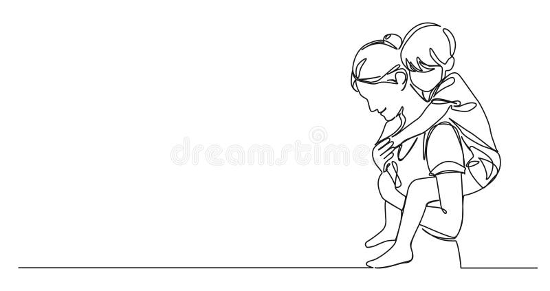 Single Line Drawing of Happy Mother Carrying Her Young Son on Her Back ...