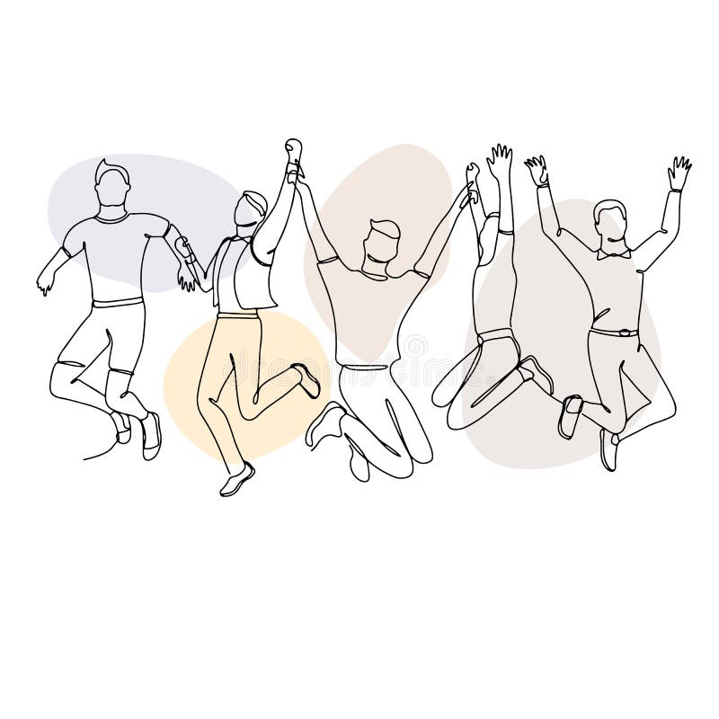 Single Line Drawing of Jumping Men with Pastel Abstract Shapes Stock ...