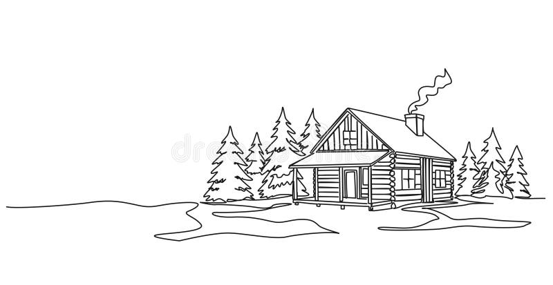 Single Line Drawing of a Log Cabin in the Woods Stock Vector ...