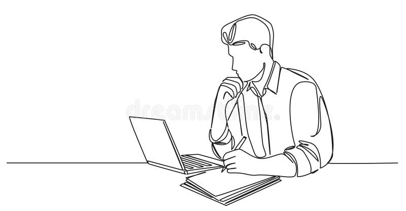 Single Line Drawing of Man Taking Notes on Paper White Using Laptop ...