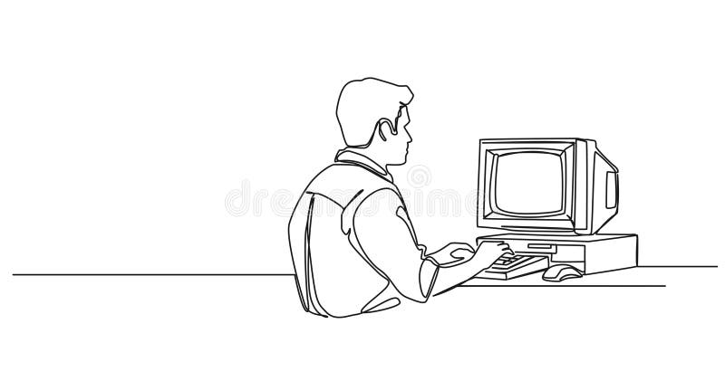 Single Line Drawing of Man Using Old Personal Computer with Crt Monitor ...