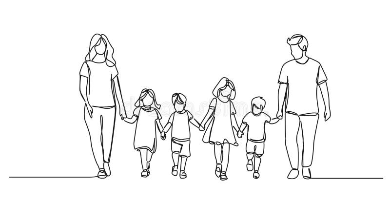 Single Line Drawing of Mom and Dad with Four Kids Stock Vector ...