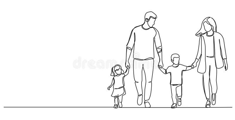 Single Line Drawing of Mom and Dad with Two Kids Walking Hand in Hand ...