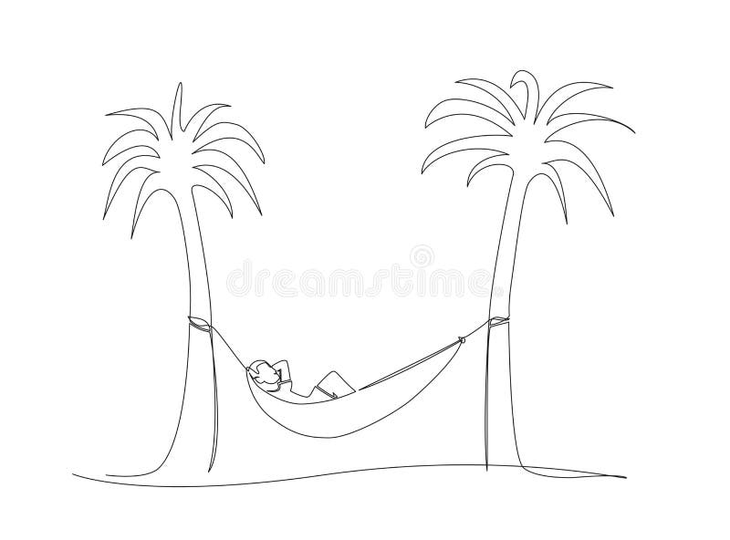 Single Line Drawing of Person Relaxing in Hammock between Palm Trees ... Single Line Drawing of Person Relaxing in Hammock between Palm Trees ...