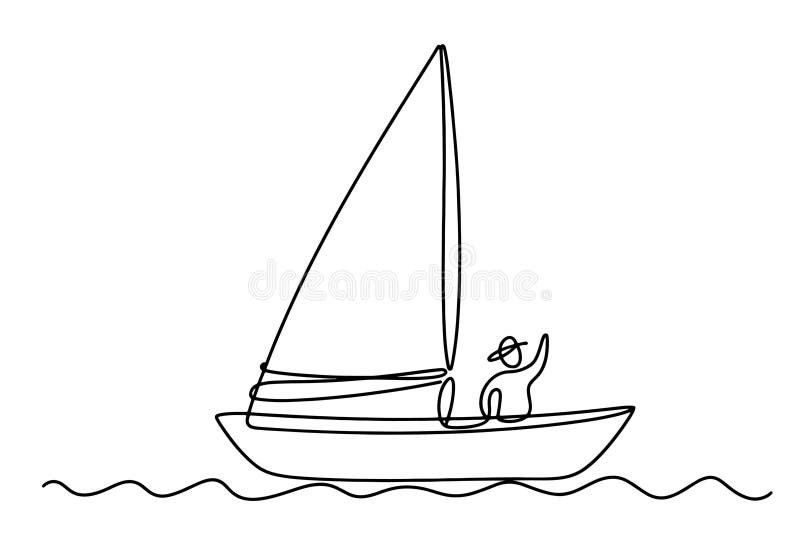 Single Line Drawing of a Person Sailing a Small Sailboat on the Ocean ...