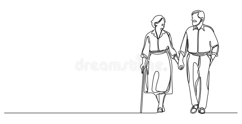 Single Line Drawing of Senior Couple Walking Hand in Hand Stock Vector ...
