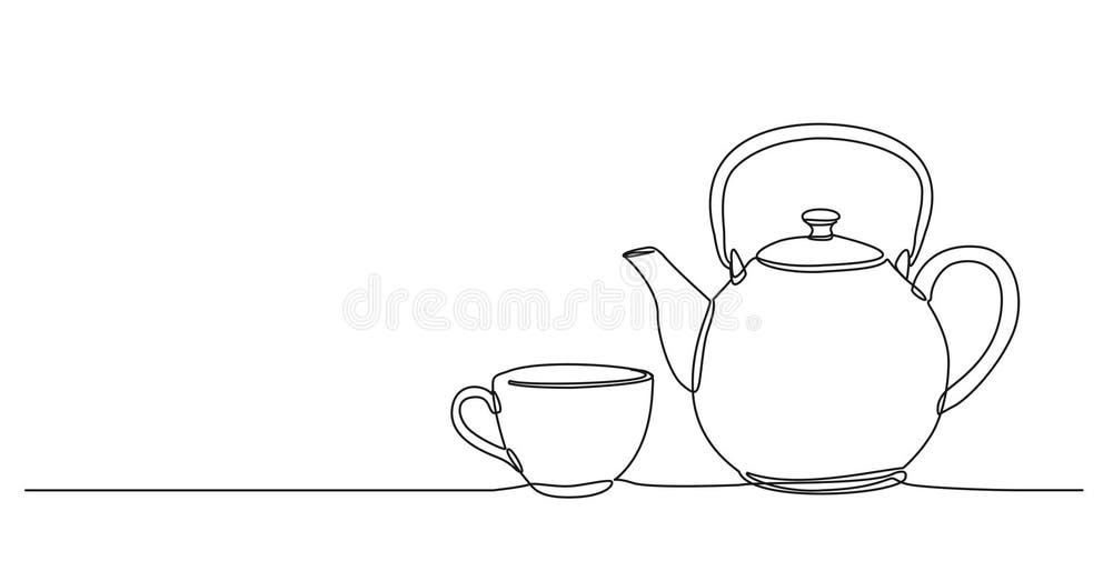 Single Line Drawing of Teapot and Cup of Tea Stock Illustration ...