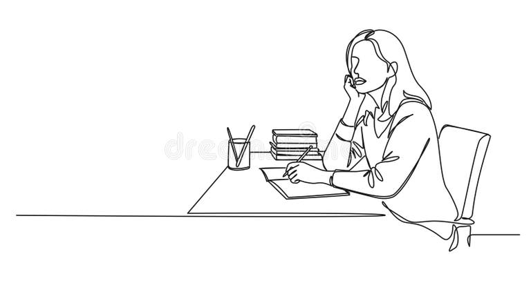 Single Line Drawing of Thoughtful Woman Taking Notes in Journal Stock ...