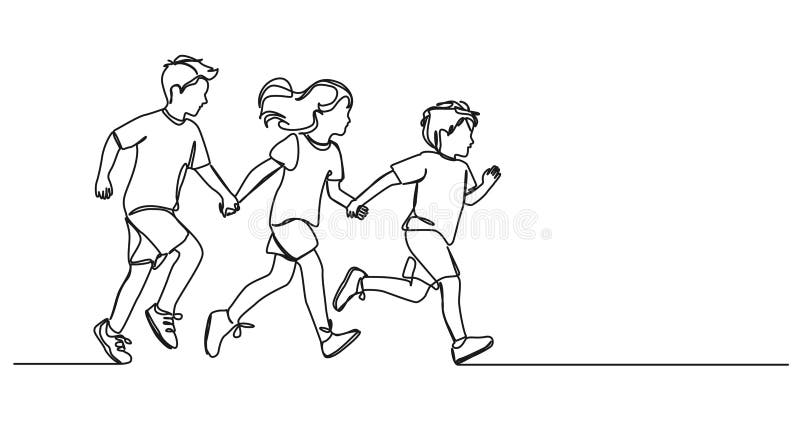 Single Line Drawing of Three Young Kids Running Hand in Hand Stock ...