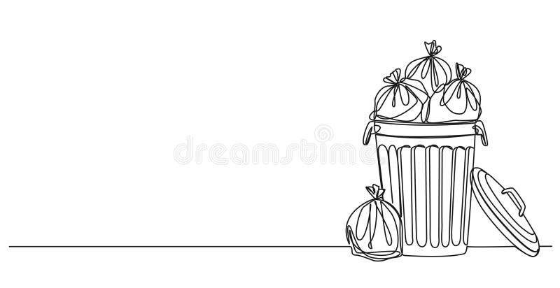 Single Line Drawing of Trash Can Overflowing with Trash Bags Stock ...