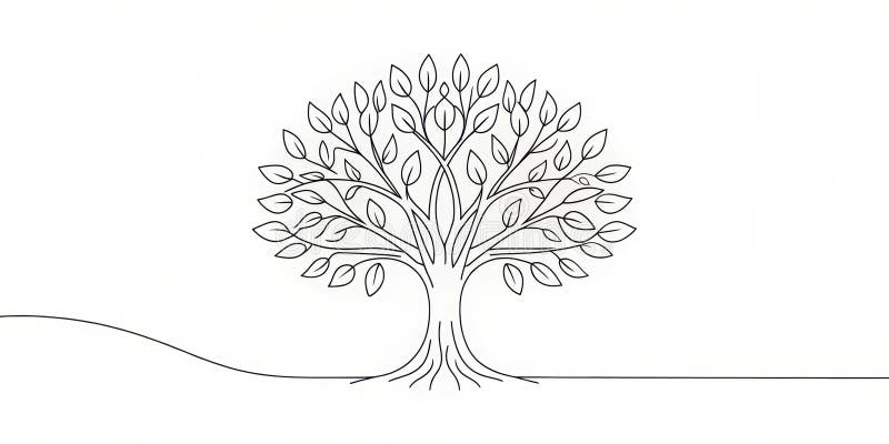 Single-line Drawing of a Tree with Leaves and Roots Against a White ...