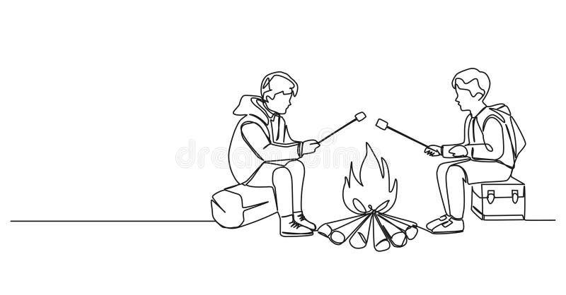 Single Line Drawing of Two Boys Roasting Marshmallows Over Campfire ...