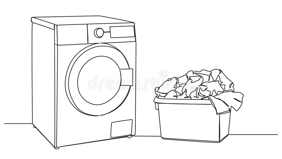 Single Line Drawing of Washing Machine and Hamper with Laundry Stock ...
