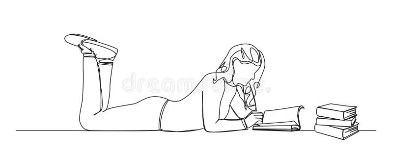 Single Line Drawing of Woman on Floor in Prone Position Reading a Book ...