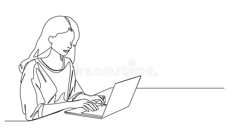 Single Line Drawing of Woman with Laptop Computer Stock Vector ...