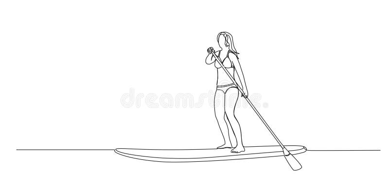 Single Line Drawing of Woman Standup Paddleboarding Stock Vector ...