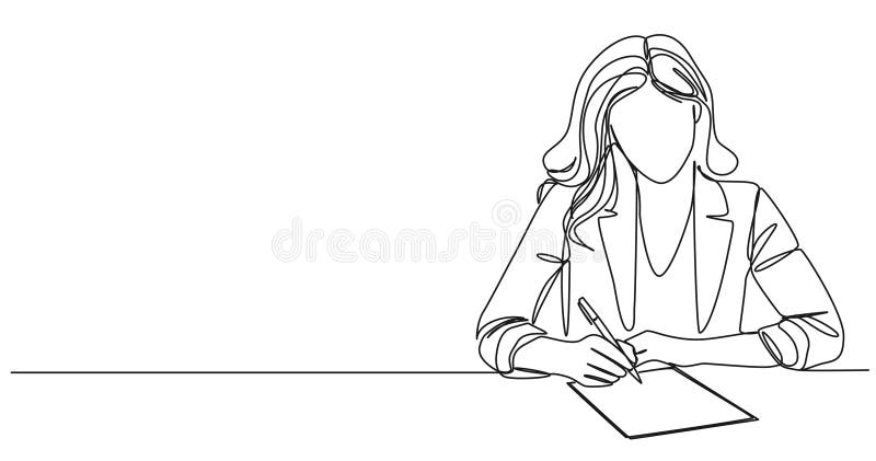 Single Line Drawing of Woman Taking Notes with Pen and Paper Stock ...