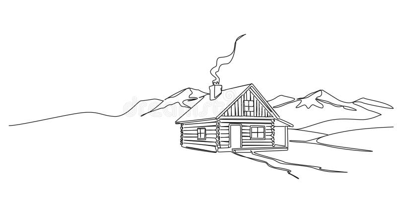 Single Line Drawing of Wooden Cabin in the Mountains Stock Vector ...