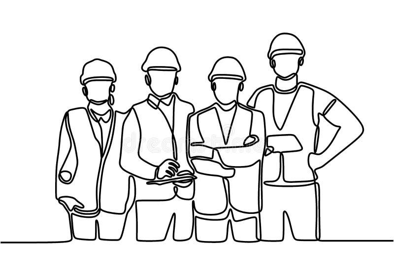 Single Line Drawing of Young Construction Worker Foreman with Team ...