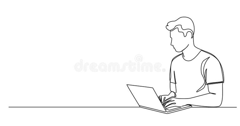 Single Line Drawing of Young Man Using Laptop Computer Stock Vector ...