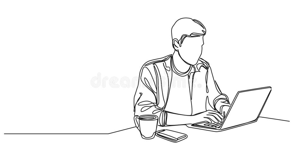 Single Line Drawing of Young Man Using Laptop Computer Stock Vector ...