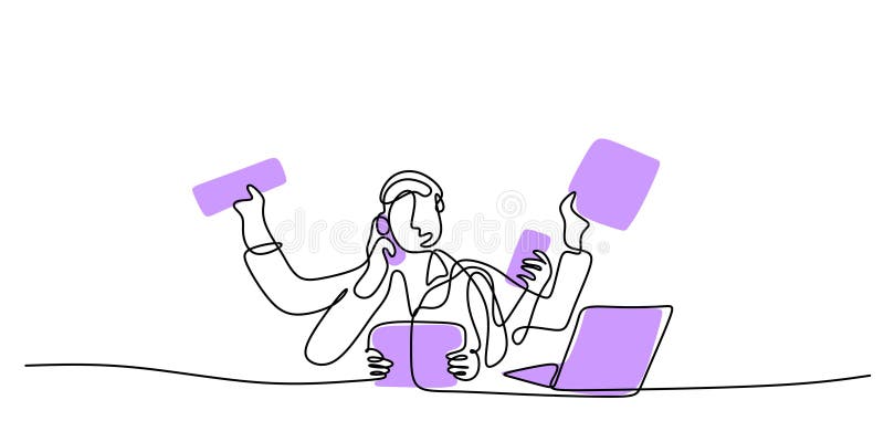 Single Line Illustration Worker Tasks. Managing Multitasking Workplace ...
