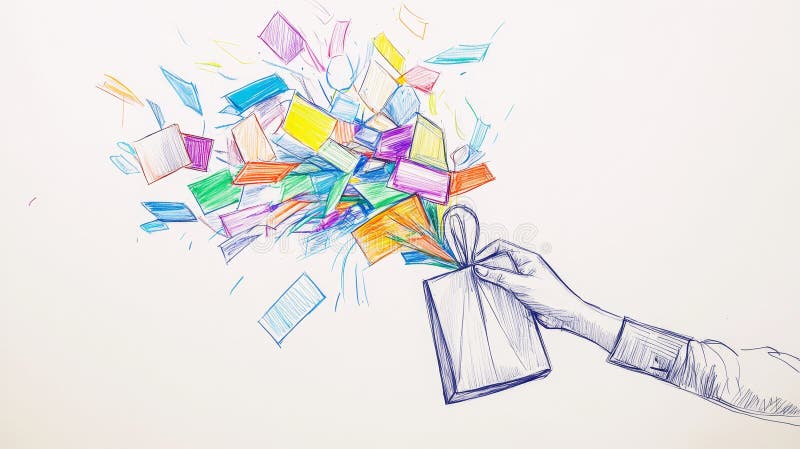 A Single Line Pencil Sketch of a Hand Holding a Gift Bag with Colorful ...