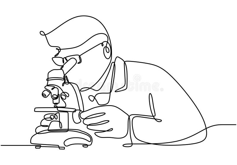 Single Line Vector Illustration of a Scientist Using a Microscope for ...