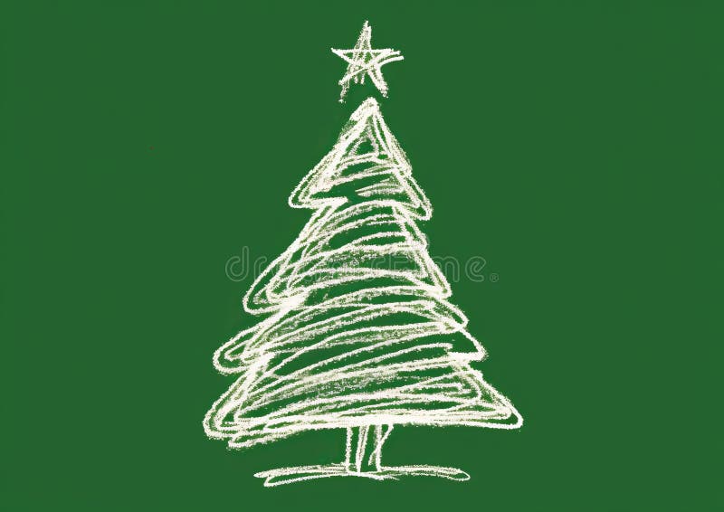 Single Line White Crayon Doodle of Small Christmas Tree on Green Stock ...