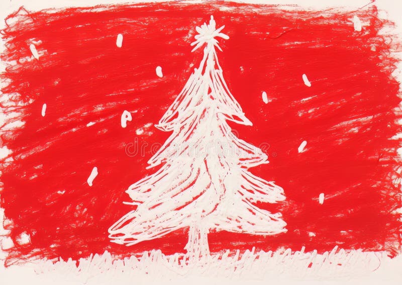 Single Line White Crayon Doodle of Small Christmas Tree on Red Stock ...