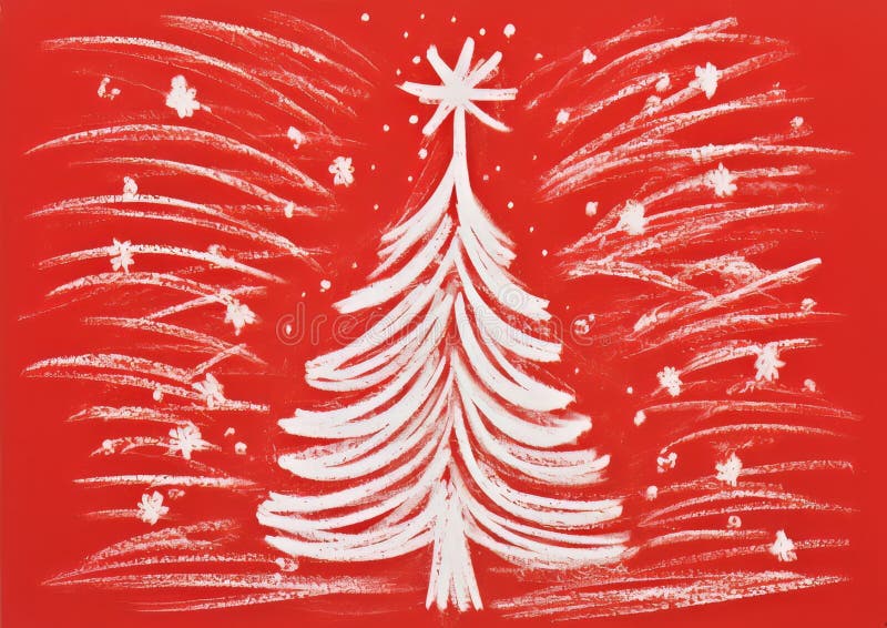 Single Line White Crayon Doodle of Small Christmas Tree on Red Stock ...
