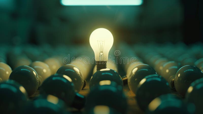 A Single Lit Bulb Stands Out Amidst Rows of Dormancy. Generative AI ...