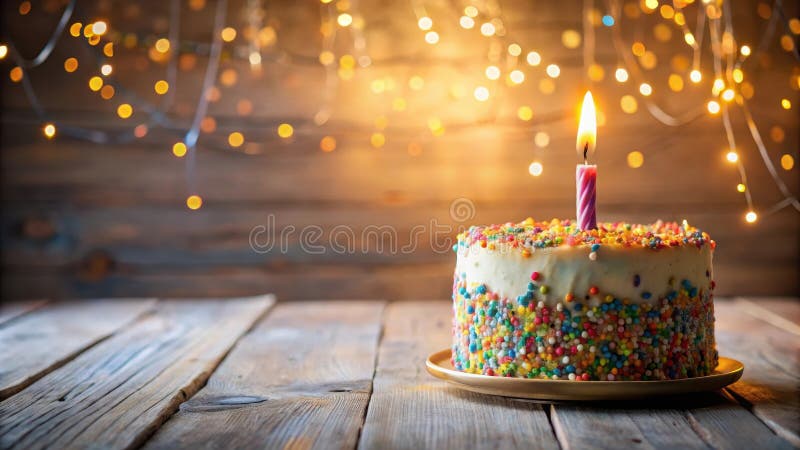 A Single-lit Candle Atop a Colorful Sprinkle Cake on a Rustic Wooden ...