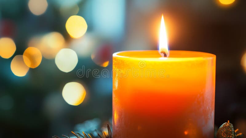 A Single Lit Candle with a Blurred Background of Golden Lights Stock ...