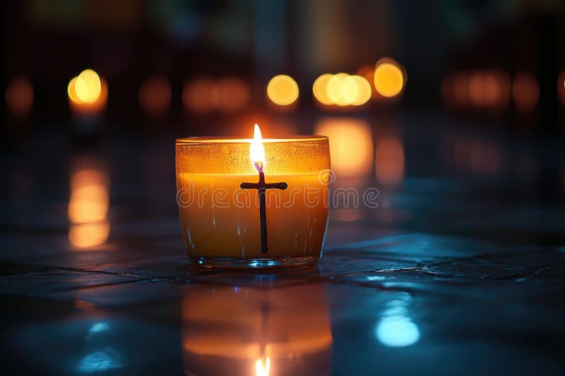 A Single Lit Candle with a Cross Symbol on it, Suitable for Use in ...